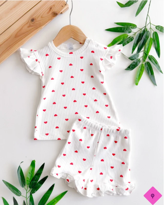 Kırmızı küçük kalpler omuzdan çıtçıtlı yazlık 2 parça takım Hüma Bebe ...